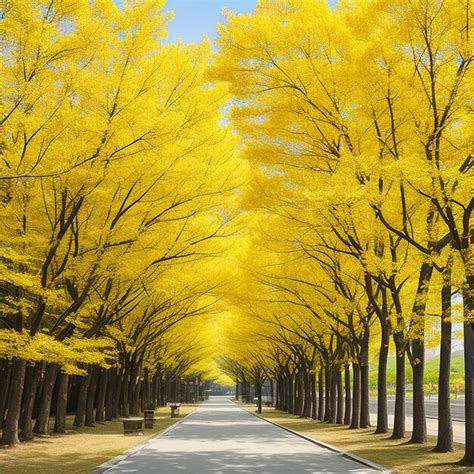 Premium Ai Image Row Of Yellow Ginkgo Trees Generated By Ai
