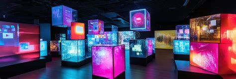 Floating Cubes Create An Interactive Display Featuring Multimedia Symbols And Abstract Text In A