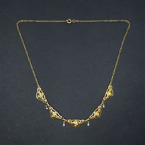 Sold Art Nouveau French Floral Motif Pearl Necklace 18k C 1900