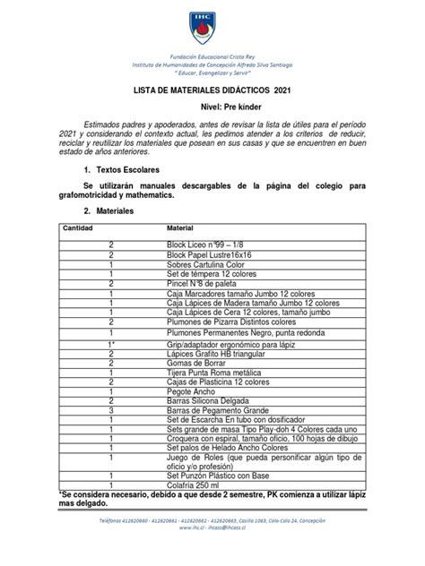 01 Lista De Útiles Pre Kinder 2021 Pdf Lápiz Materiales De Conservación Y Restauración