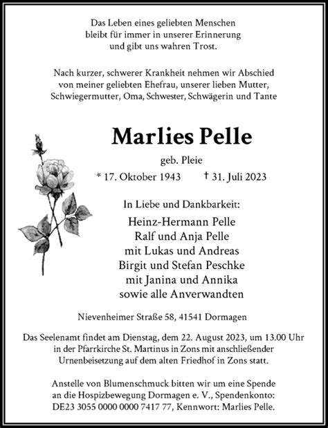 Alle Traueranzeigen für Marlies Pelle trauer rp online de