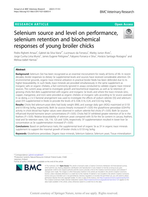 Pdf Selenium Source And Level On Performance Selenium Retention And Biochemical Responses Of