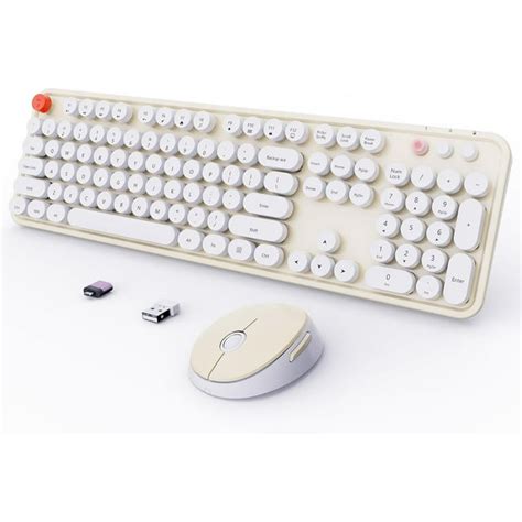 Wireless Keyboard And Mouse Combo Ergonomic Full Size Typewriter Retro Round Keycaps Keyboard