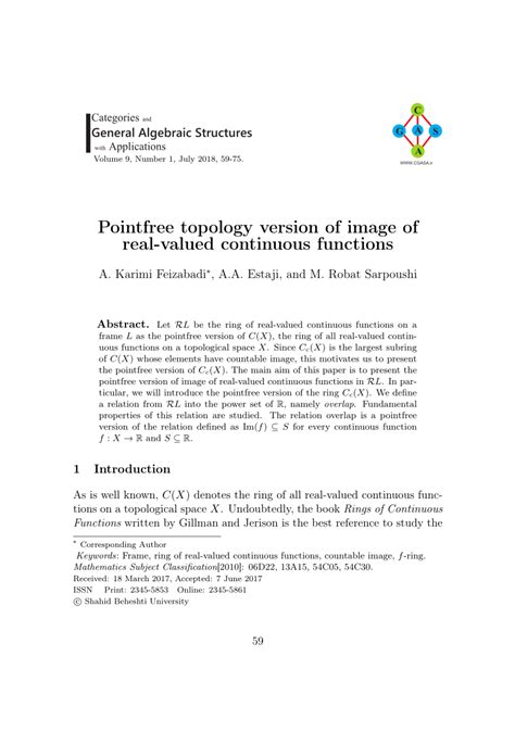 Pdf Pointfree Topology Version Of Image Of Real Valued Continuous