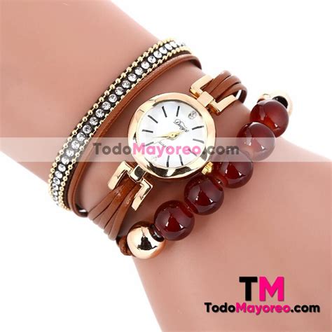 Reloj Pulsera Duoya Cafe Extensible Piel Sintetica Diamantes Y Bolitas