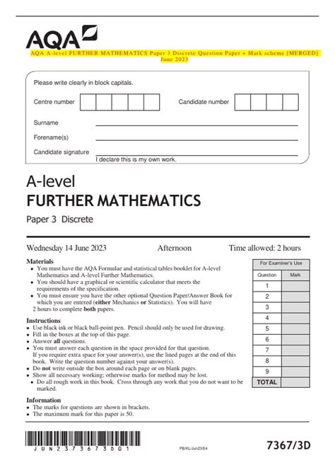AQA A Level FURTHER MATHEMATICS Paper Discrete Question Paper Mark Scheme MERGED June