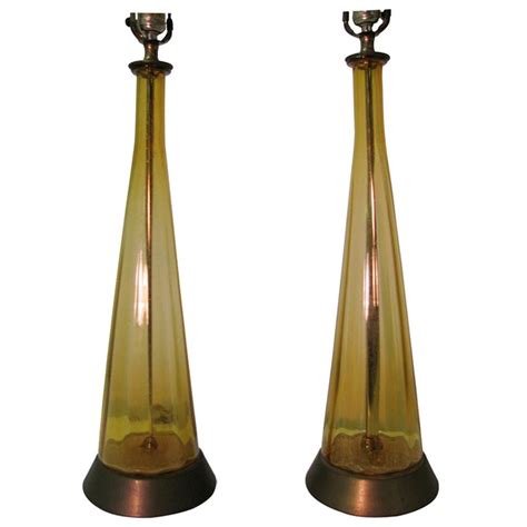Pair Of Tall Mid Century Modern Bottle Shaped Blenko Glass Table Lamps
