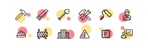 빌더 도구 세트 아이콘입니다 망치 톱 삽 렌치 페인트 롤러 핸디맨 엔지니어 안전 헬멧 울타리 건물 경고 표지판 주차 디자인 건설 현장 개념 벡터 선 아이콘 갈고리 발톱에