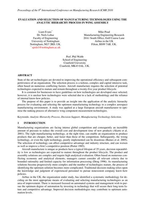 Pdf Evaluation And Selection Of Manufacturing Technologies Using The Analytic Hierarchy