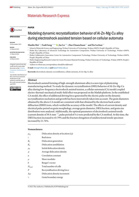 Pdf Modeling Dynamic Recrystallization Behavior Of Al Zn Mg Cu Alloy