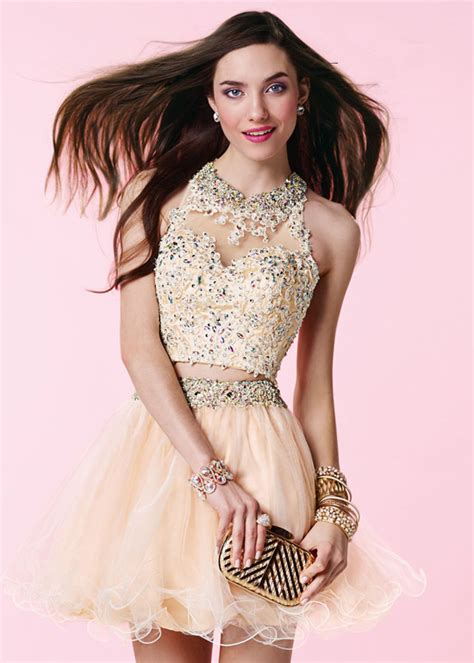 Fashion Hottest Two Piece Beaded Lace Applques Crop Top Nude Party Dress Alyce Nude
