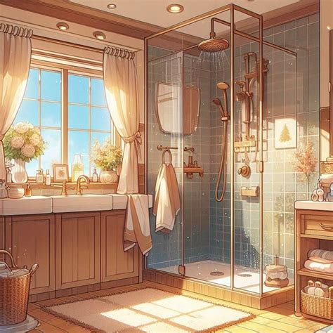 Anime Illustration Of Cozy Bathroom With Standing Shower And Earthy