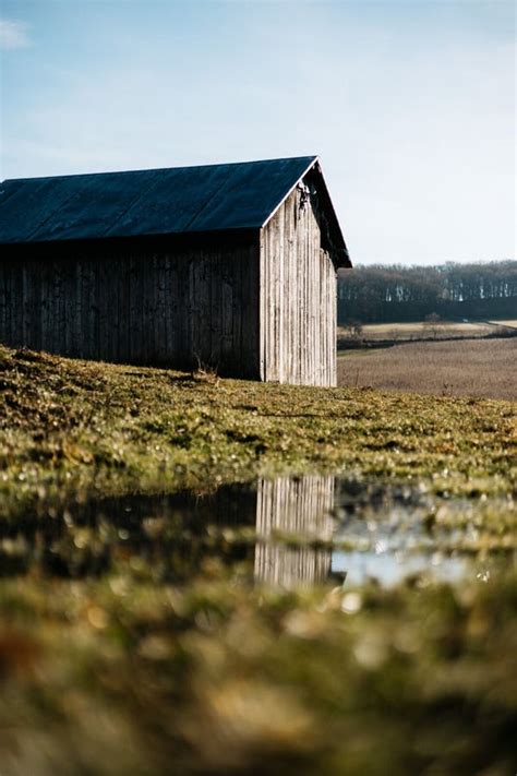 Vertical Shot Of An Old Wooden Barn And Its Reflection On A Puddle