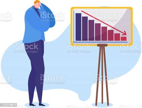 작업 문제 벡터 일러스트 만화 평면 좌절 사업가 는 이익을 아래로 화살표 차트를 감소 회사 파산 개념 돈벌이에 대한 스톡 벡터