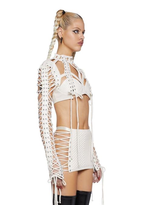 Club Exx Lace Up Long Sleeve Vegan Leather Top White Vegan Leather