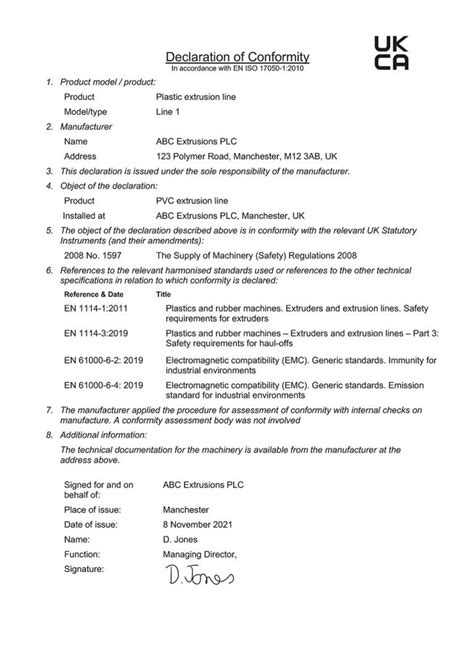 Declaration Of Conformity For UKCA Marking Authorised Rep Compliance