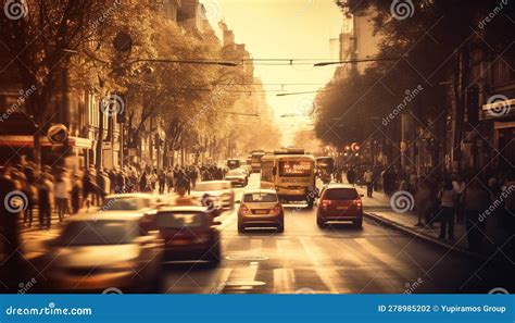 Rush Hour Traffic Blurs City Life Illuminated By Street Lights