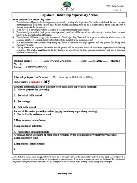 Apu Internship Supervisory Project Log Sheet Andrew New Pdf