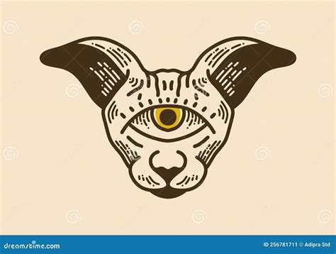Cat Head With One Eye In The Middle Retro Vintage Line Art Stock Vector