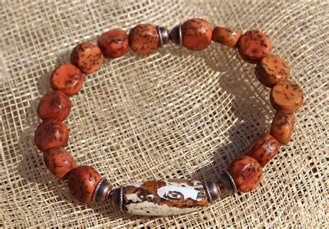 Unisex Tibetan Agate Braceletrustic Tibetan Brown Ivory Agate Barrel