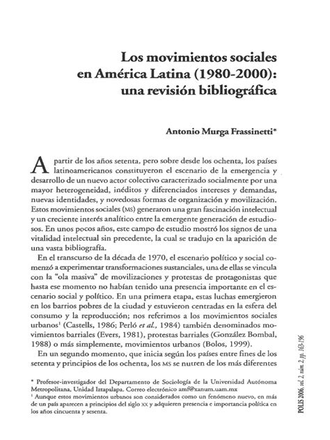 Los Movimientos Sociales En America Latina Revision Bibliográfica Pdf