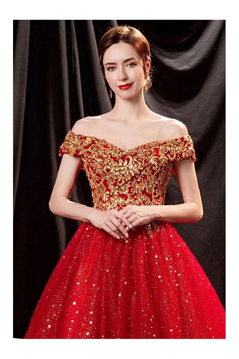 Off Shoulder Red Tulle Ballgown Sparkly Prom Dress 1129895 Pqy6022