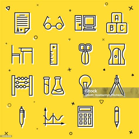 지우개 그리기 나침반 깎기 컴퓨터 모니터 눈금자 학교 테이블 및 의자 시험지 A 플러스 학년 및 가위 아이콘으로 선 연필을