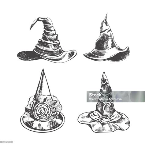 할로윈을 위한 빈티지 일러스트레이션 마녀의 뾰족한 모자를 손으로 그린 스케치 도면 세트 벡터 그림입니다 10월에 대한 스톡 벡터 아트 및 기타 이미지 Istock