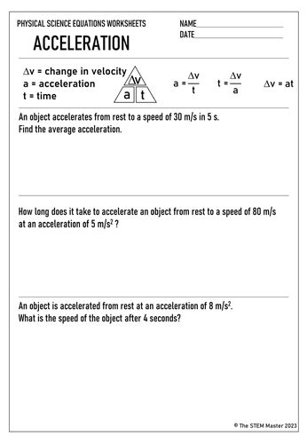 Acceleration Equation Worksheet Teaching Resources
