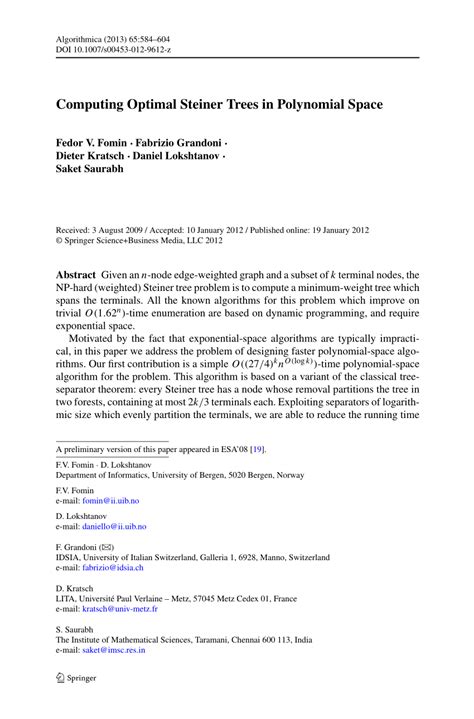 Pdf Computing Optimal Steiner Trees In Polynomial Space