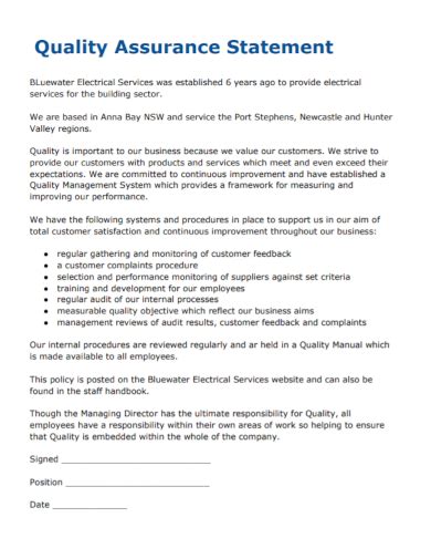 Free 10 Quality Assurance Statement Samples Product Mission