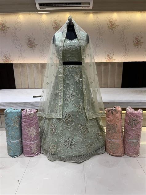 Party Wear Embroidery Olive Green Embroidered Net Lehenga Choli Dry
