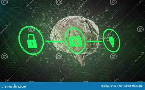 Animation Of Icons With Data Processing Over Human Brain Stock Footage