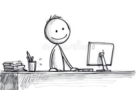 Happy Stick Figure Working On Computer Stock Illustration