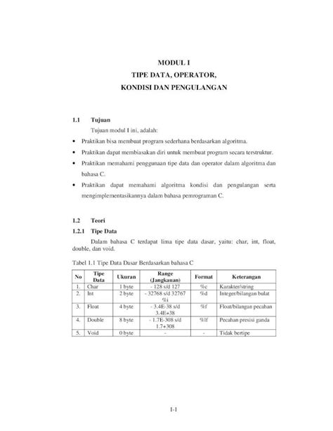 Pdf 29380764 Modul Algoritma Pemrograman Bahasa C Tipe Data Operator
