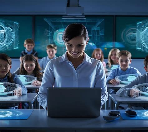 Teacher Using Laptop In Classroom Premium Ai Generated Image