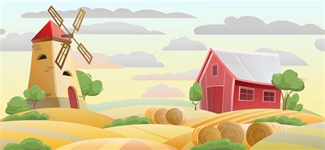 농지 정원과 구불구불한 언덕 풍차와 헛간이있는 농촌 농장 풍경 저녁 하늘 귀여운 재미있는 만화 디자인 일러스트 플랫 스타일 벡터