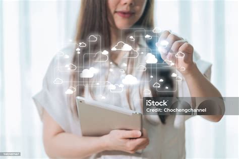 Cloud Technology Concept Business Woman Hand Touch Clound Computing