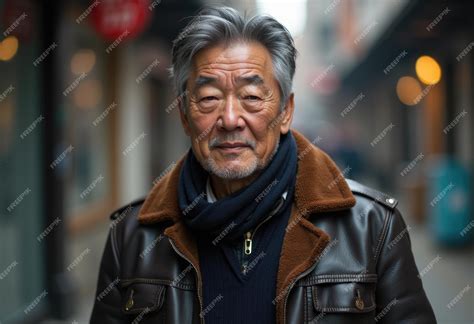 An Older Asian Man With Grey Hair Wearing A Brown Leather Jacket Looks