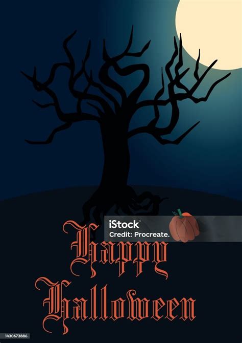 즐거운 할로윈 보내세요 고딕 양식의 글꼴 불길한 나무와 빛나는 달이있는 포스터 전단지 인쇄를 위한 그림입니다 10월에 대한 스톡