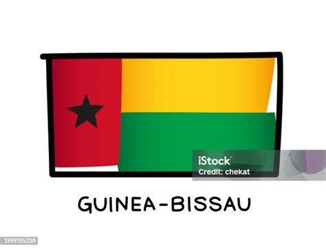 기니비사우의 국기 다채로운 아프리카 국기 로고 빨간색 노란색 및 녹색 브러시 스트로크 손으로 그립니다 검은 윤곽선 벡터 일러스트 레이 션 0명에 대한 스톡 벡터 아트 및