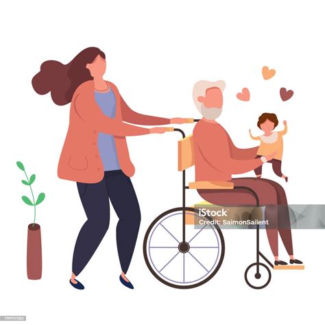 행복 한 가족의 현대 벡터 그림입니다 손에 아이와 휠체어에 장애인 할아버지와 딸 장애인 노인이 아기를 품에 안고 있는 여성 가족