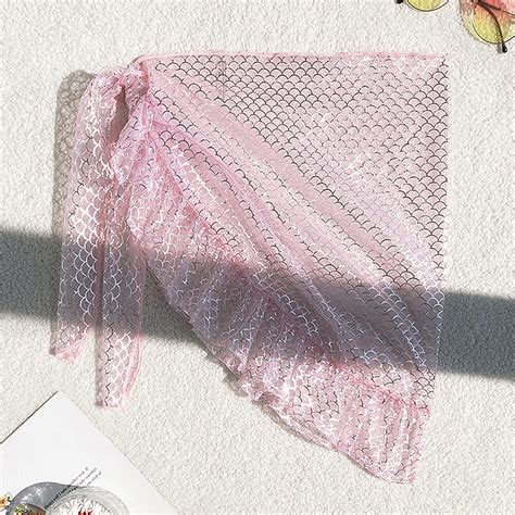 Sparkly Mermaid Scale Print Tie Side Ruffle Sheer Mesh Cover Up Mini S