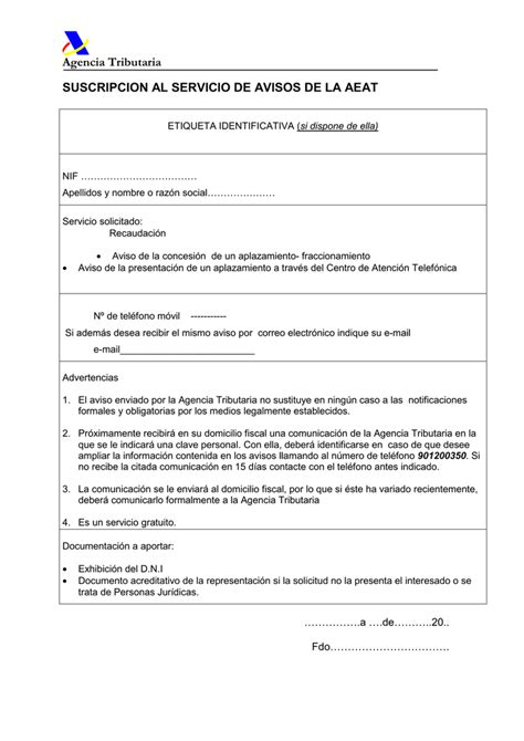 Formulario para suscripción a servicios de aviso