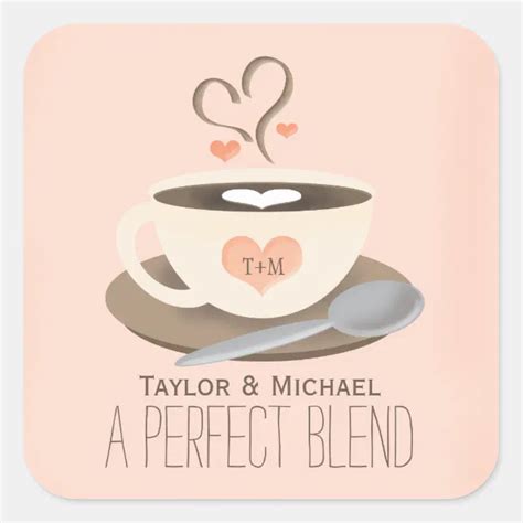 Monogrammed Coffee Cup Heart Wedding Party Favor Square Sticker Zazzle