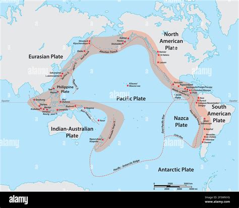 Vector Map Of The Pacific Ring Of Fire With The Main Volcanoes Stock