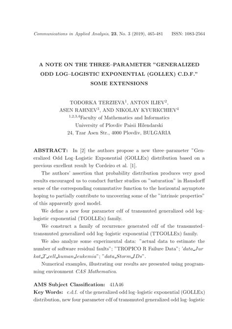 Pdf A Note On The Three Parameter ”generalized Odd Log Logistic Exponential Gollex C D F