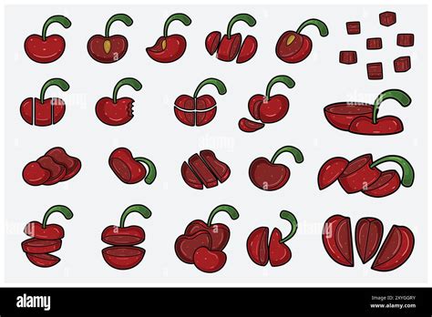 Cherry Fruits Cartoon Set With Slice Half Cutting And Different Pose