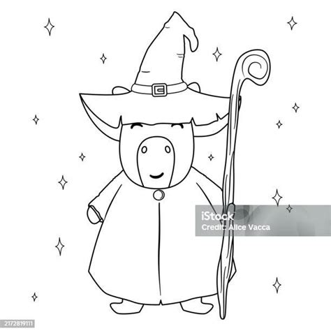 귀여운 손으로 그린 흑백 만화 캐릭터 마법사 카피 바라 할로윈 벡터 일러스트 레이 션 색칠 예술에 대 한 흰색 배경에 고립 0