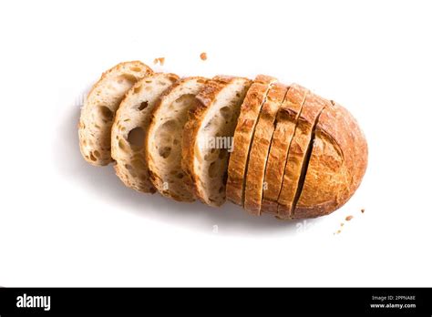 Fresh Homebaked Artisan Sourdough Bread Sliced Loaf Of Bread Isolated On White Background